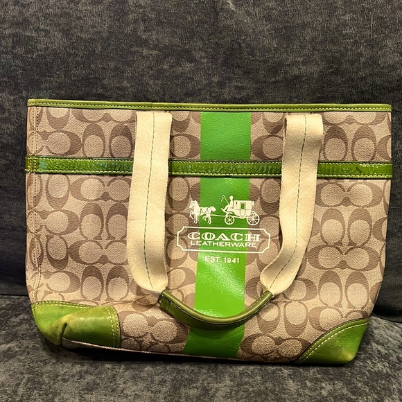 Coach | Bags | Coach Heritage Signature Canvas Wgreen Stripe Tote Bag ...